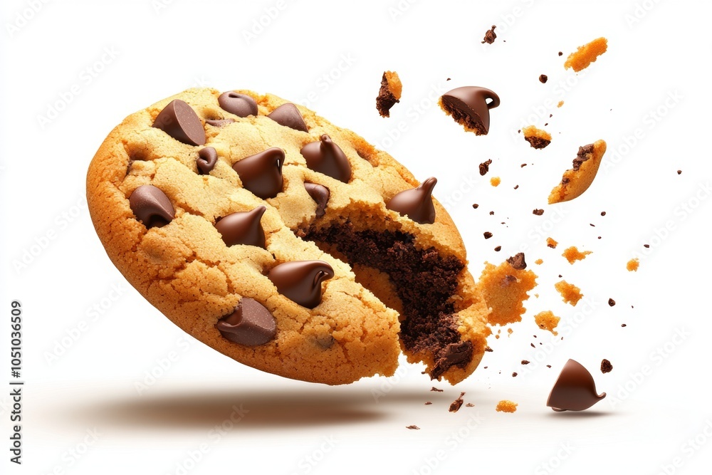 a 2D cartoon illustration of a chocolate chip cookie with a bite taken ...