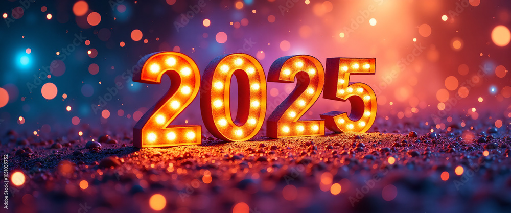 Happy New Year 2025: Marquee Lights on Sparkling Background Stock ...