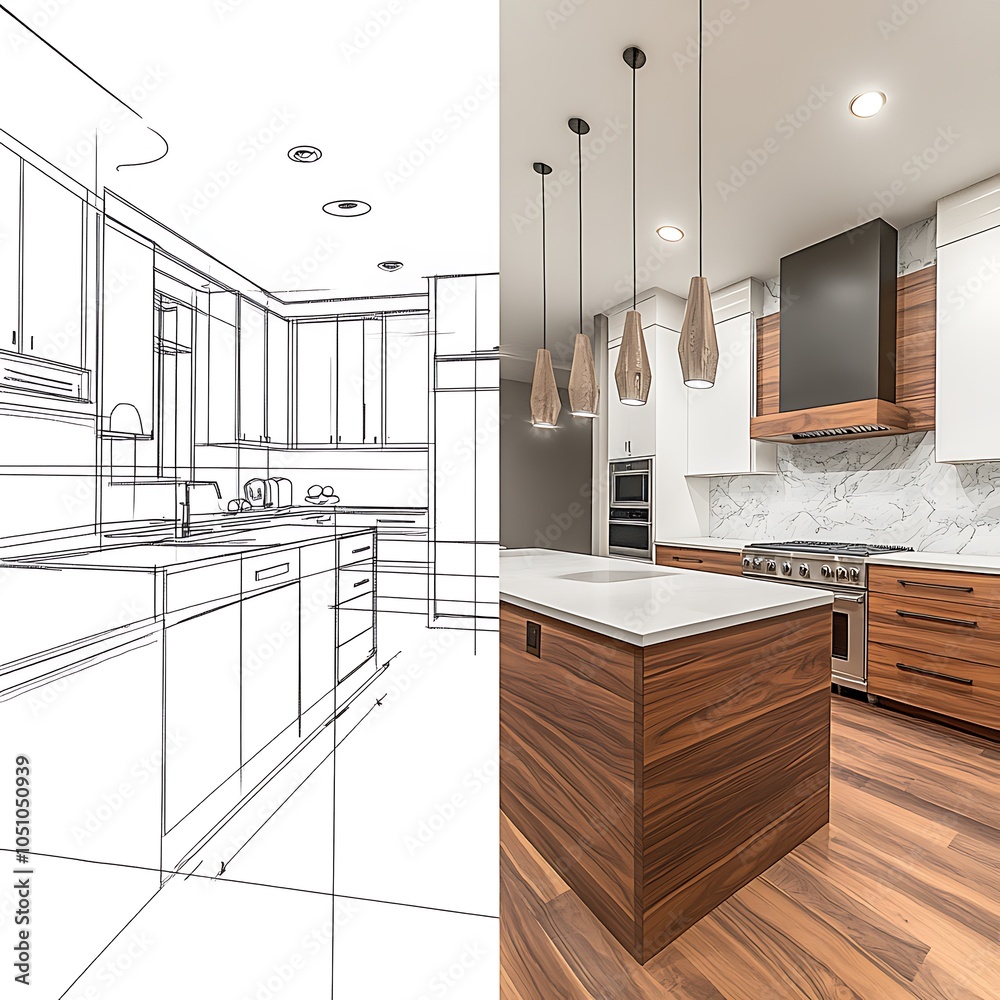 A kitchen design drawing in white and wood, with the left side being an ...