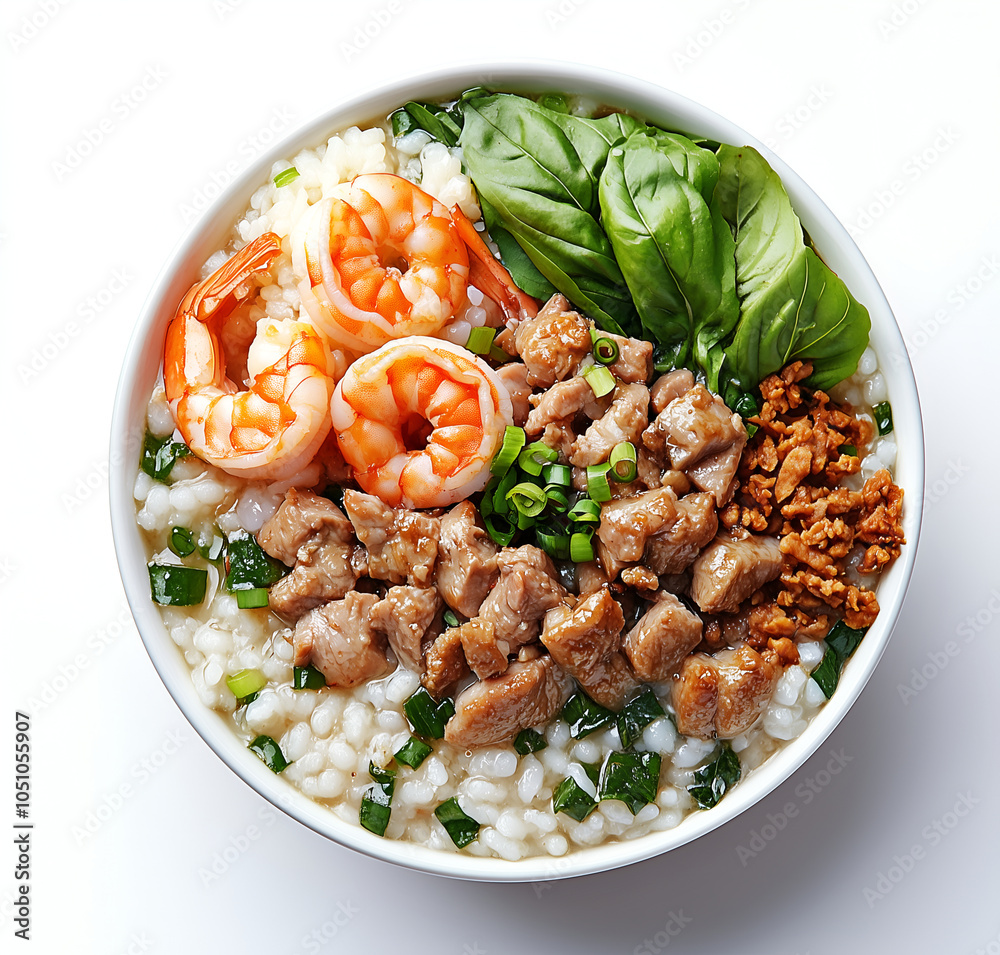 bowl of congee with pork and shrimp, top view, white background Stock ...