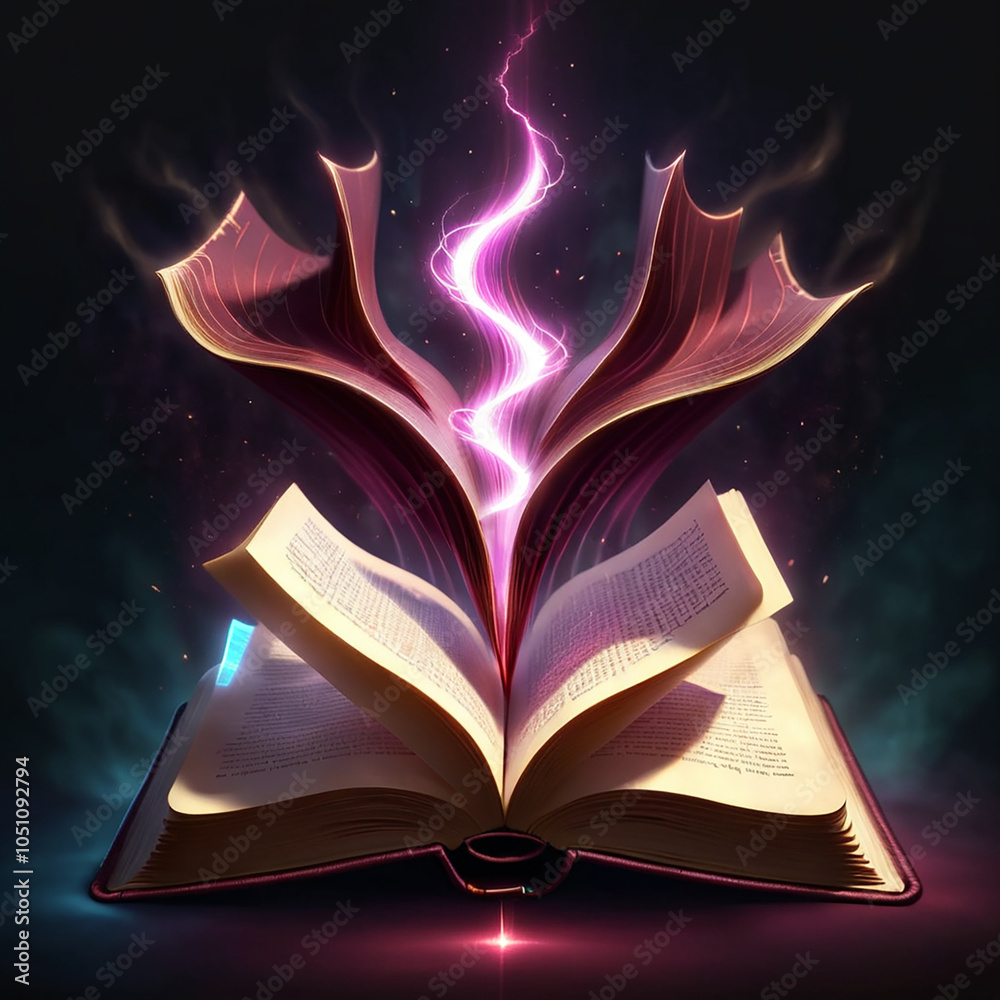 A magical book with its pages spread wide open. A bolt of pink ...