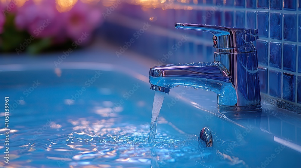 faucet with aqu water flowing, or droplets falling, suggests potential ...