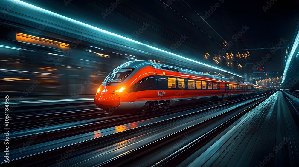 High speed train rapidly moving along elevated railway tracks with ...