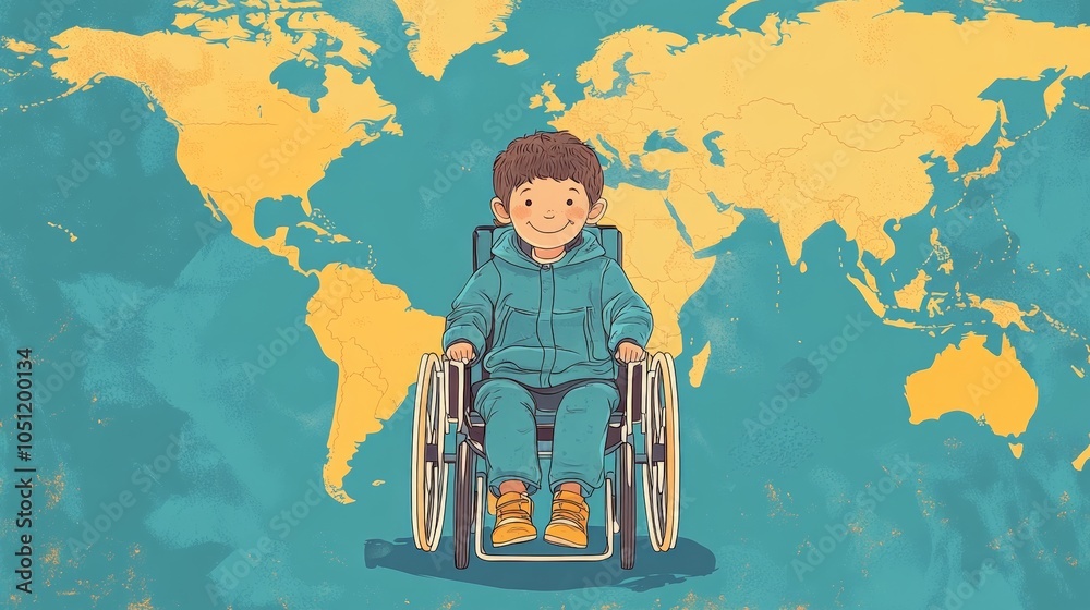 Cartoon illustration of a child sitting in a wheelchair on a world map ...