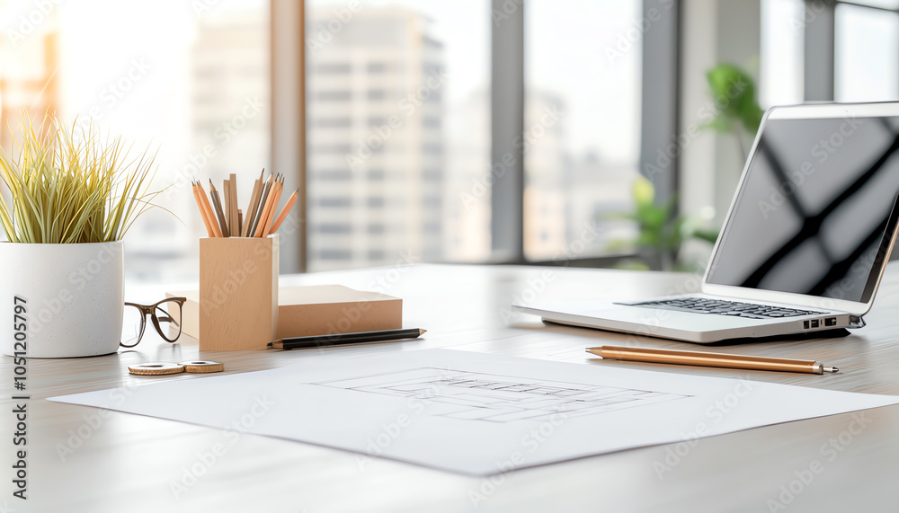 Detailed construction blueprint and workspace setup for commercial ...