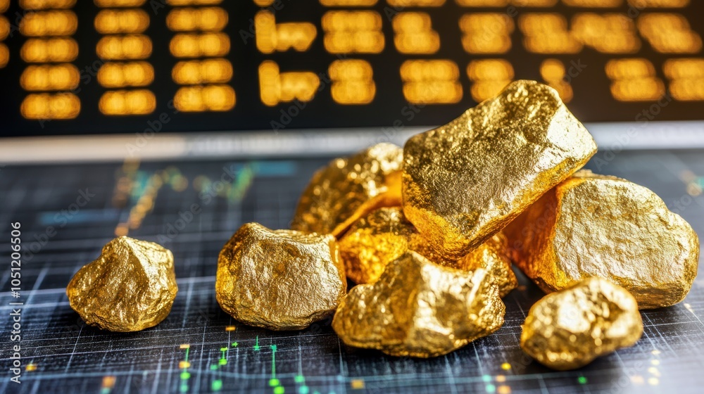 Gold bullion bars and nuggets on a financial chart background. Stock ...