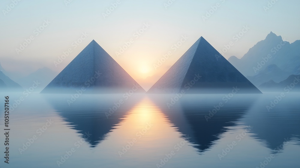 3D render of inverted pyramids floating above a matte surface ...