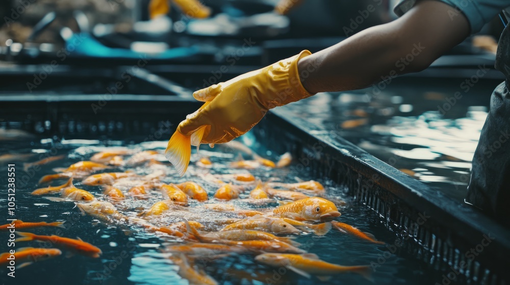 Farming worker monitoring fish growth in aquaculture pond, ensuring ...