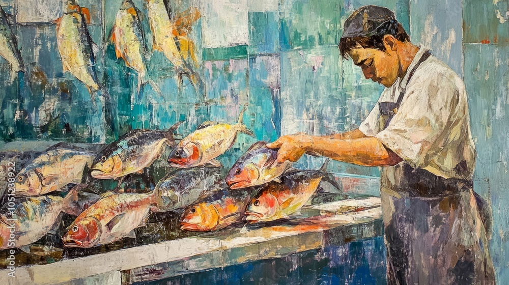 Farming worker monitoring fish growth in aquaculture pond, ensuring ...