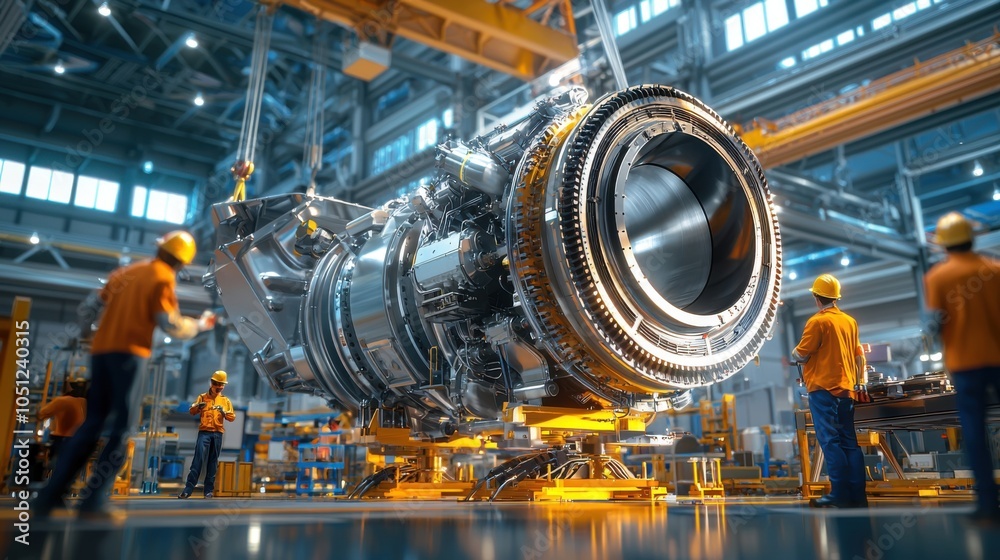 Precision Engineering: Workers Assembling Massive Marine Engine in ...