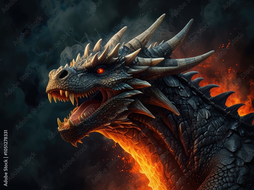 An immense and powerful dragon breathing fire. digital art illustration ...