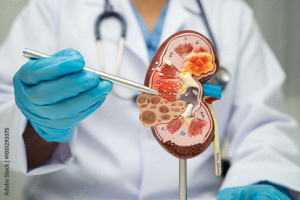 Chronic kidney disease, doctor with model for treatment urinary system ...