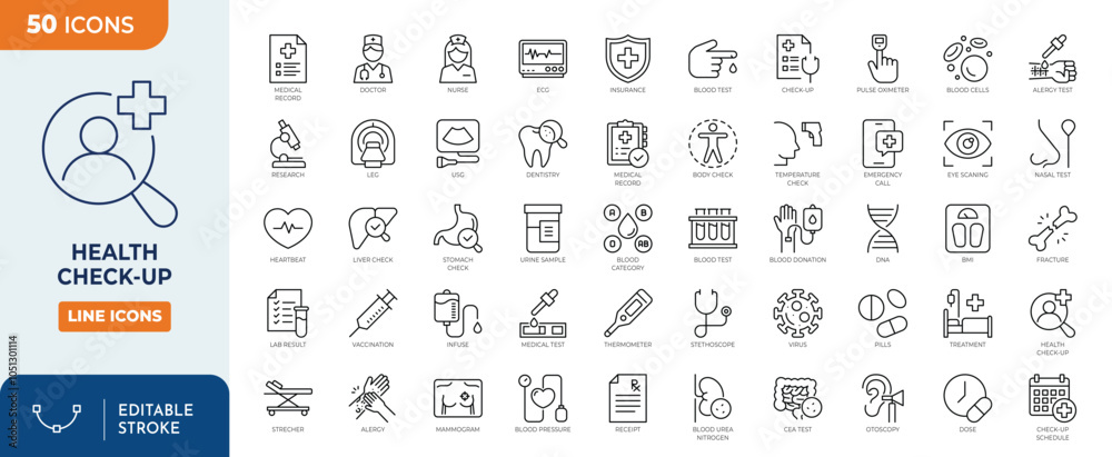 health check-up icon set. Outline Icon Collection. Vector illustration ...