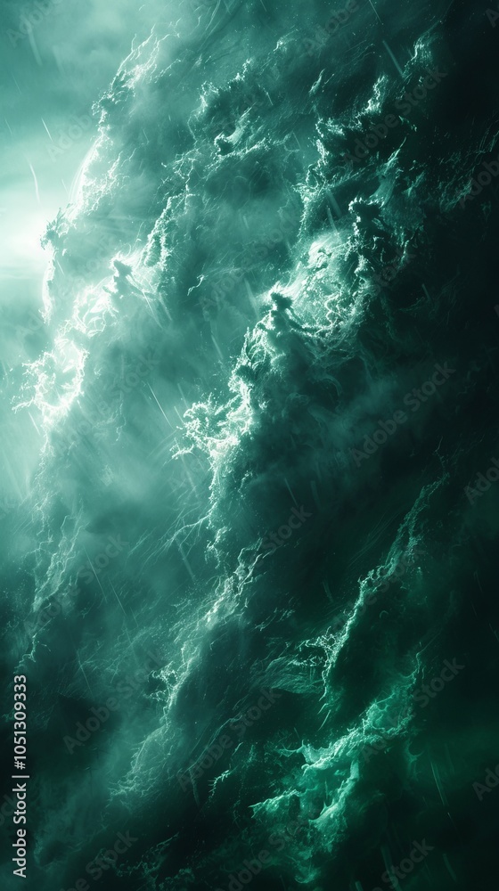 Chaotic ocean storm with towering waves and dark clouds, raw power and ...