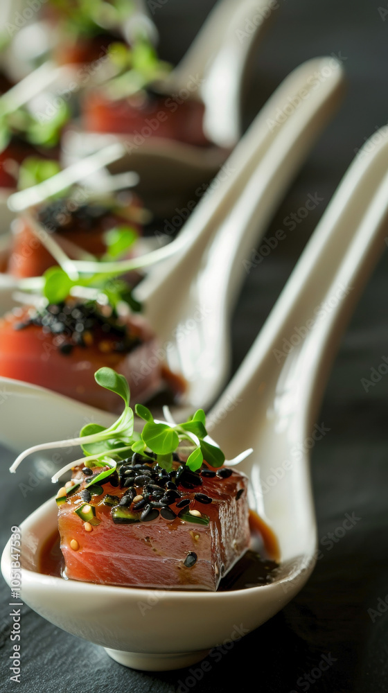 Close-up of tuna tataki on individual ceramic spoons, topped with yuzu ...