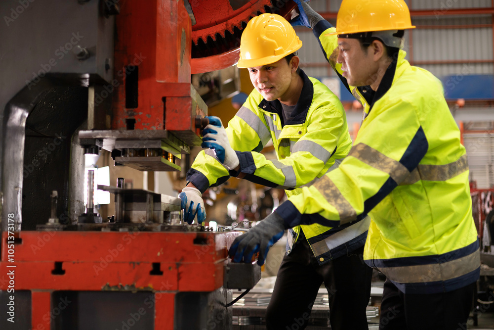 Two engineers working together in safety uniforms. Engineers in a ...