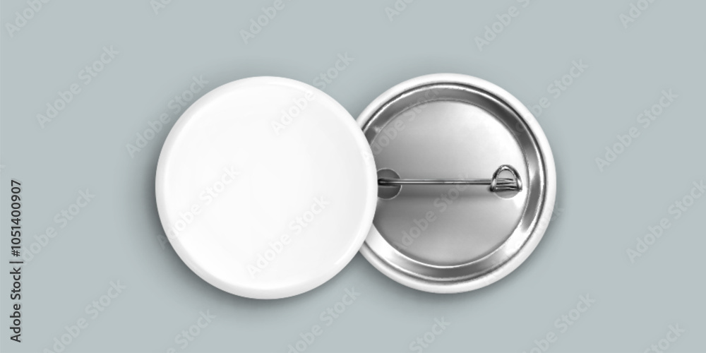 White blank pin button mockup. Round badge vector. 3d metal circle ...