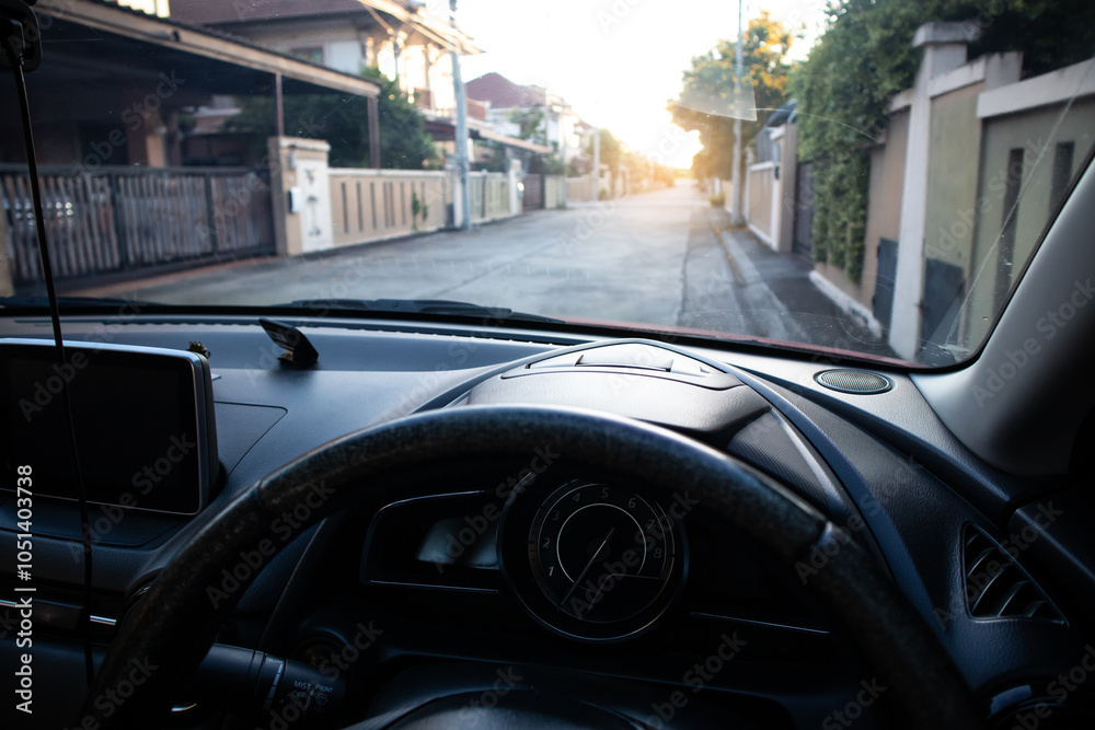 car dashboard on street automotive roadtrip on sunset background for ...