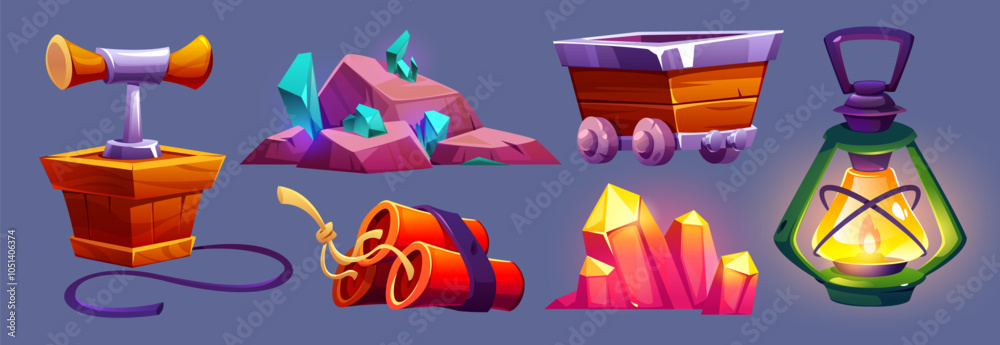 Mining game assets set. Detonator box and dynamite bundle, rocks with ...