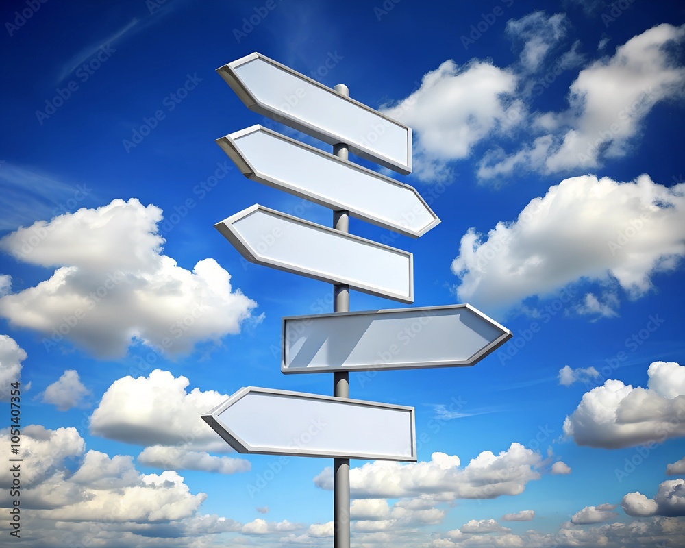 Image of five blank white road signs pointing in different directions ...