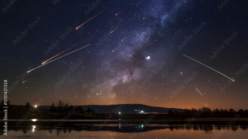 Meteor shower: Streaks of light and burning meteors flying through a ...