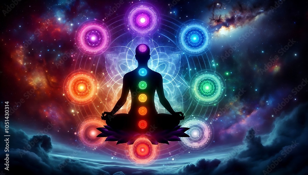 Meditating human silhouette in yoga lotus pose with Ashta siddhi ...