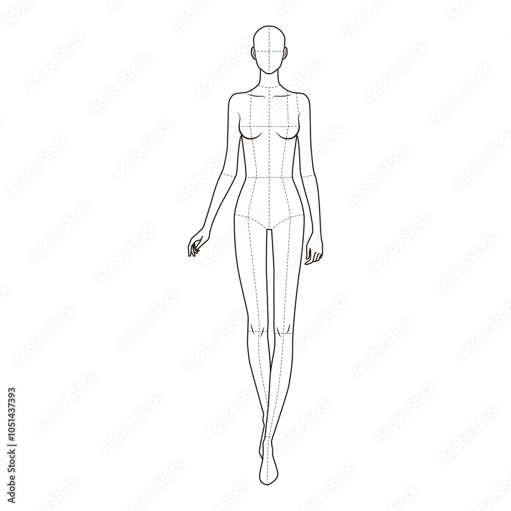 Minimalist line art of a female figure walking with crossed legs ...