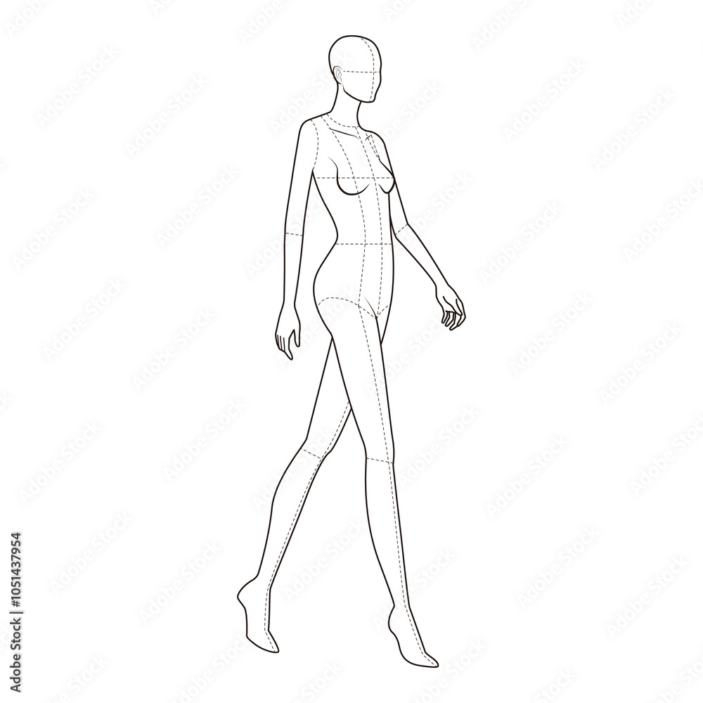 Minimalist side view line drawing of a female figure in a walking pose ...