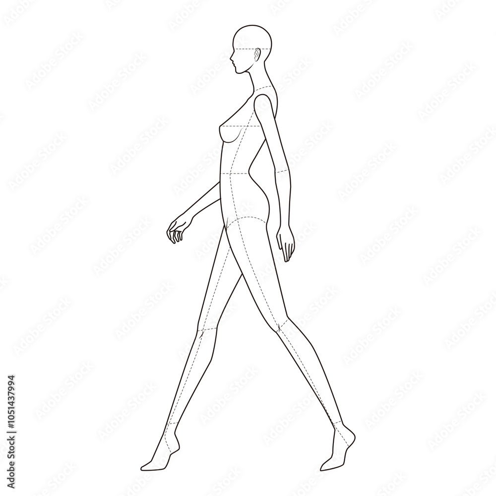 Minimalist technical drawing of a female figure walking, shown in ...