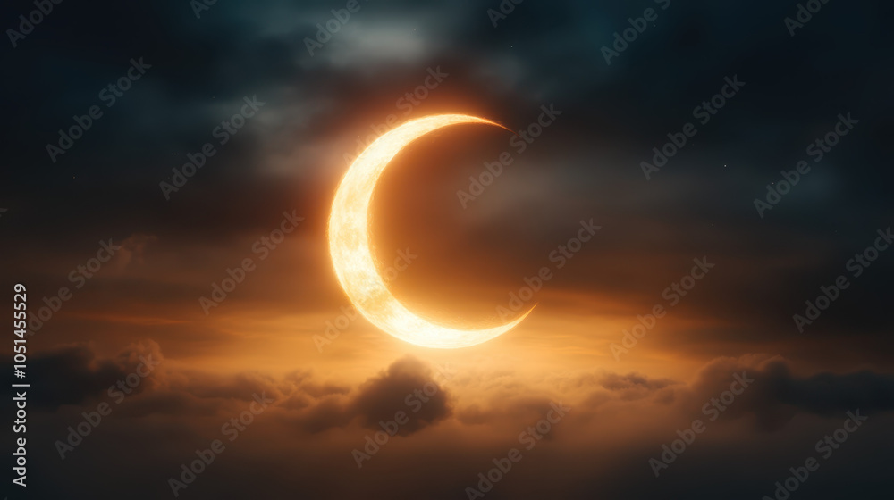 glowing crescent moon illuminates night sky, surrounded by dark clouds ...