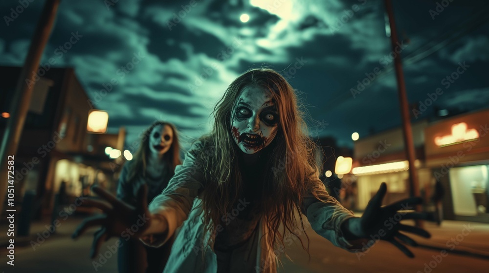 Halloween, young girl dressed as a zombie, face painted like a zombie ...