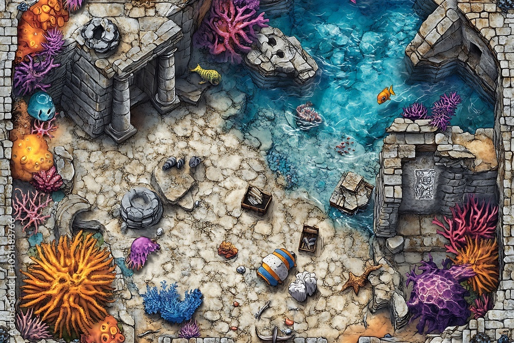An overhead view of a crumbling underwater temple with ancient relics ...