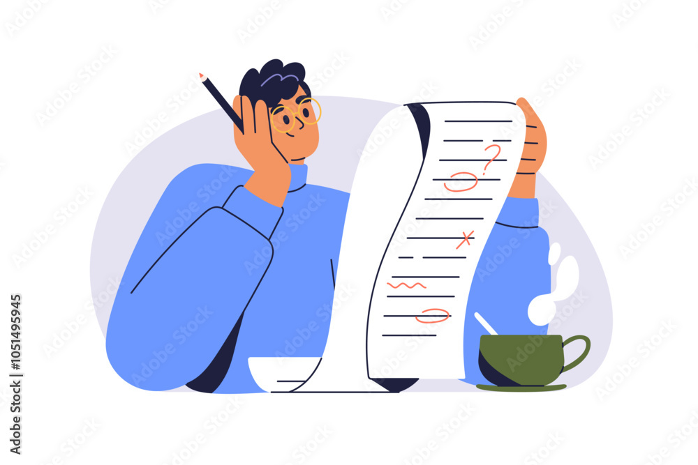 Grammar, spelling check process. Teacher reading paper, reviewing and ...