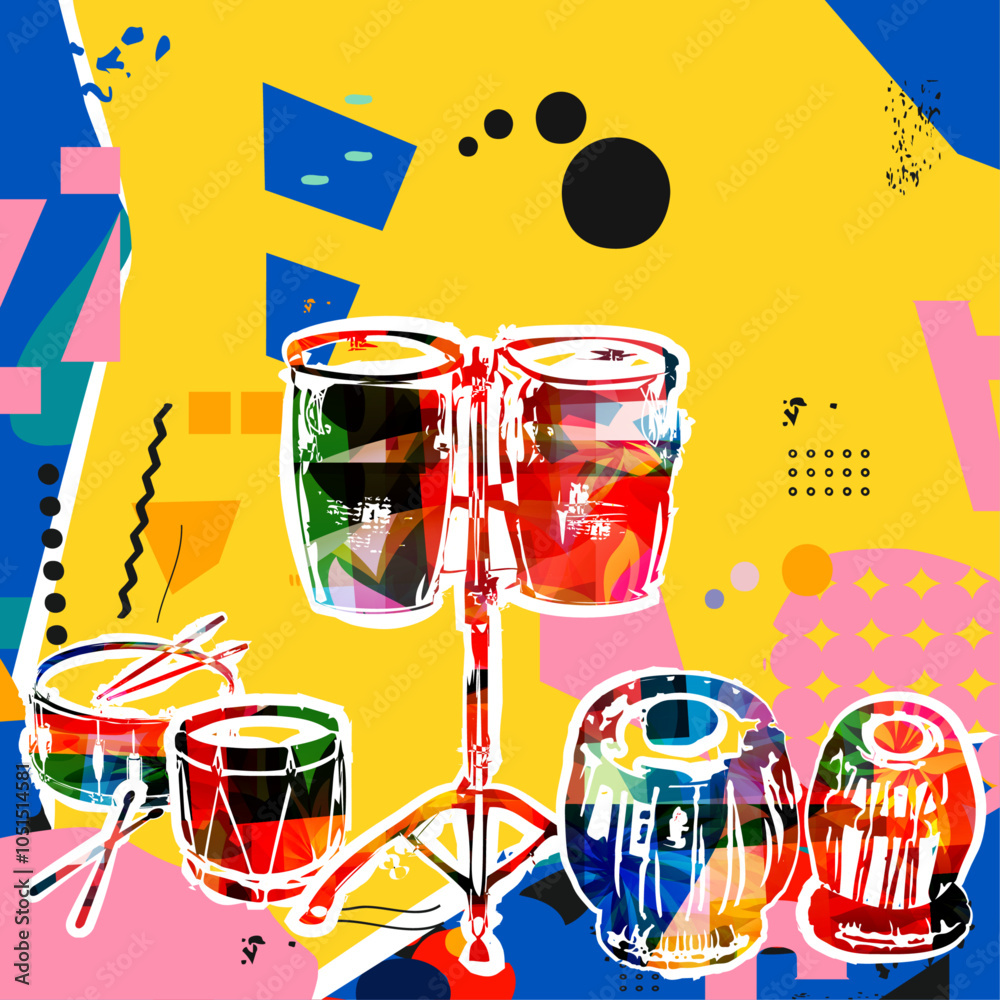 Music instruments background. Colorful drum, darbuka, bongo drums ...
