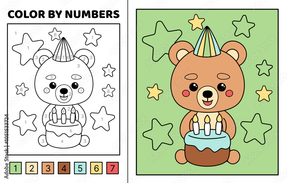 Stock-Vektorgrafik „Color by number. Little bear and birthday cake with ...