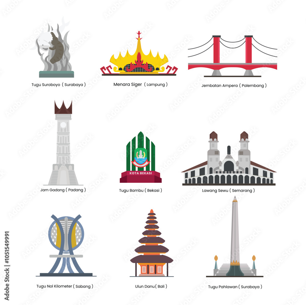 Vector Set of Landmark Building Illustration in Indonesia. Iconic ...
