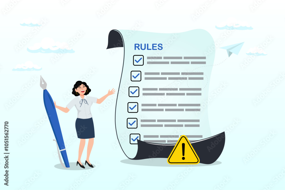 Businesswoman finish writing rules and regulations document, rules and regulations, policy and ...