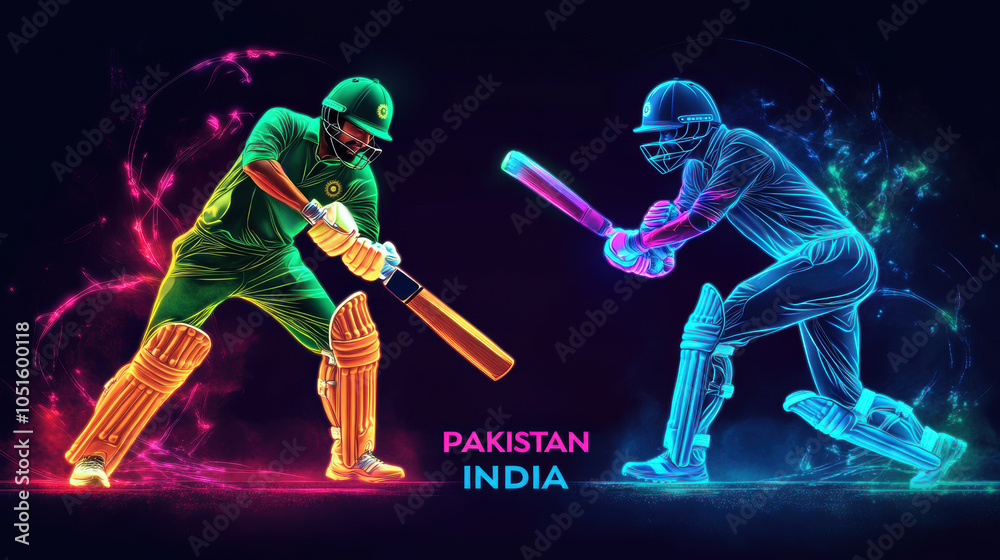 Vibrant neon banner of two cricket players representing India and ...