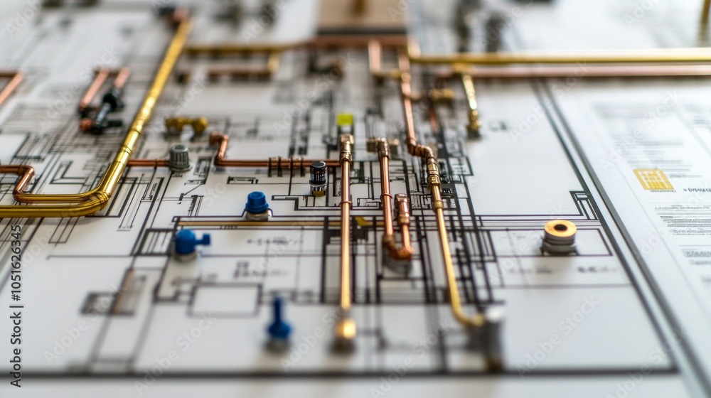 A close-up of a detailed residential building floor plan with plumbing ...