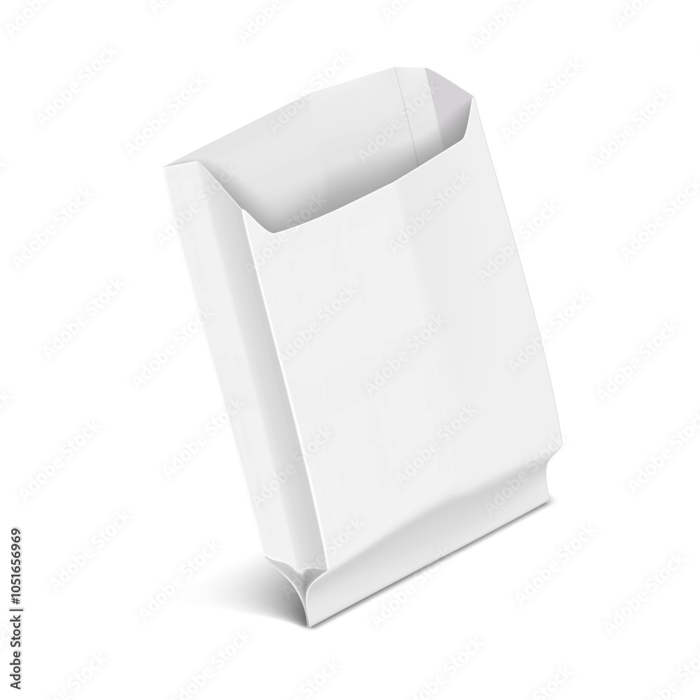 White blank open paper bag. 3d mockup. Greaseproof pouch package holder ...
