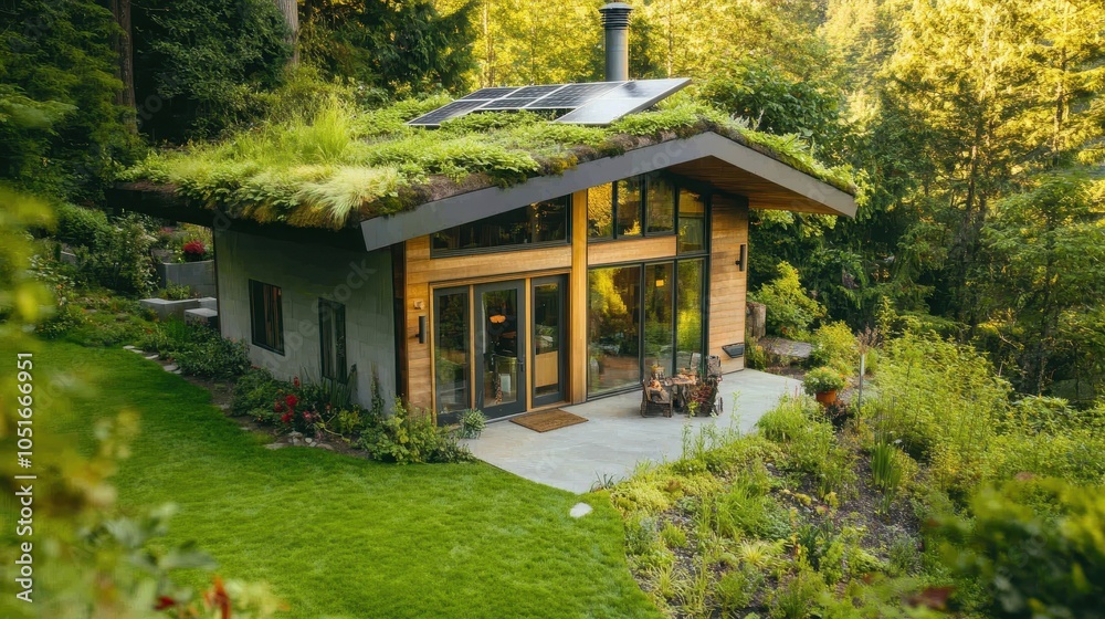 A snug, contemporary home with a sloped roof adorned wHouse with aith ...