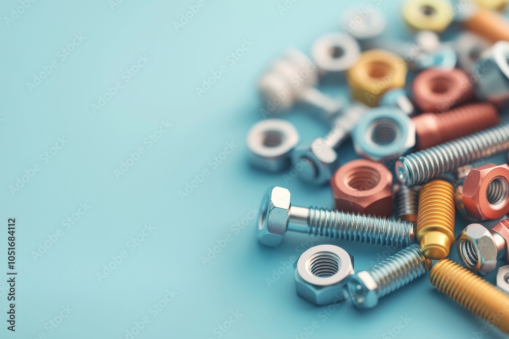 A colorful assortment of metallic bolts, nuts, and screws scattered ...