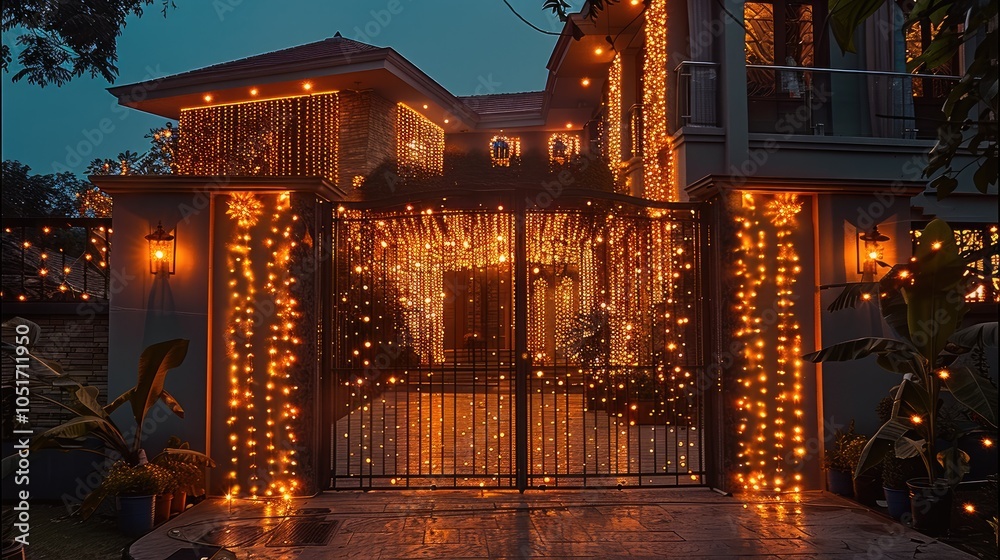 A modern house in the dark night with string lights on the main gate hung vertically in lines ...
