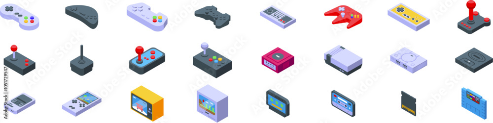 Retro gamepad icons set. Isometric icons representing various retro ...