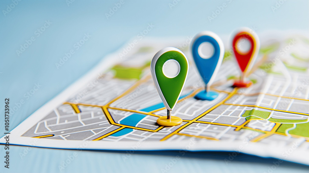 Map with location pins showcasing a city layout and navigation points ...