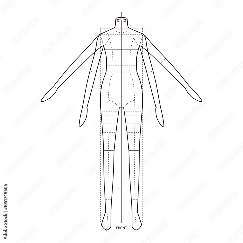 Flat technical drawing of jumpsuit template with extended arms ...