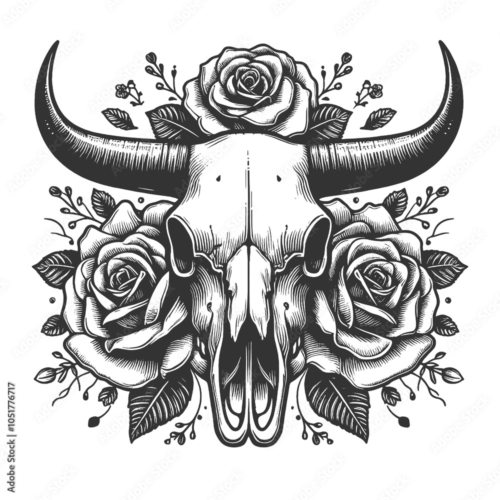 bull skull adorned with roses and leaves, combining floral and western ...