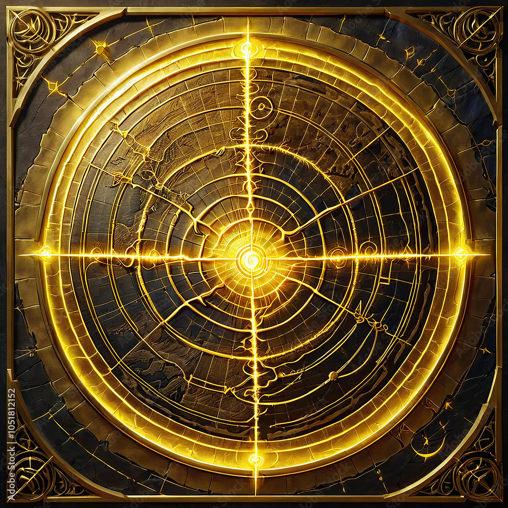 A square image depicts a golden compass map with intricate details and ...
