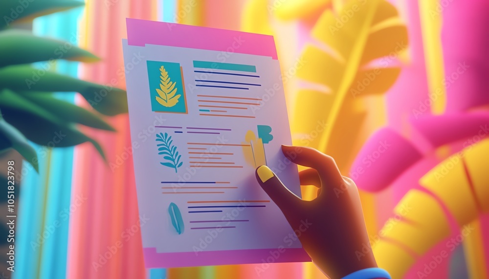 Animated hand presenting a colorful resume, personal details and work ...