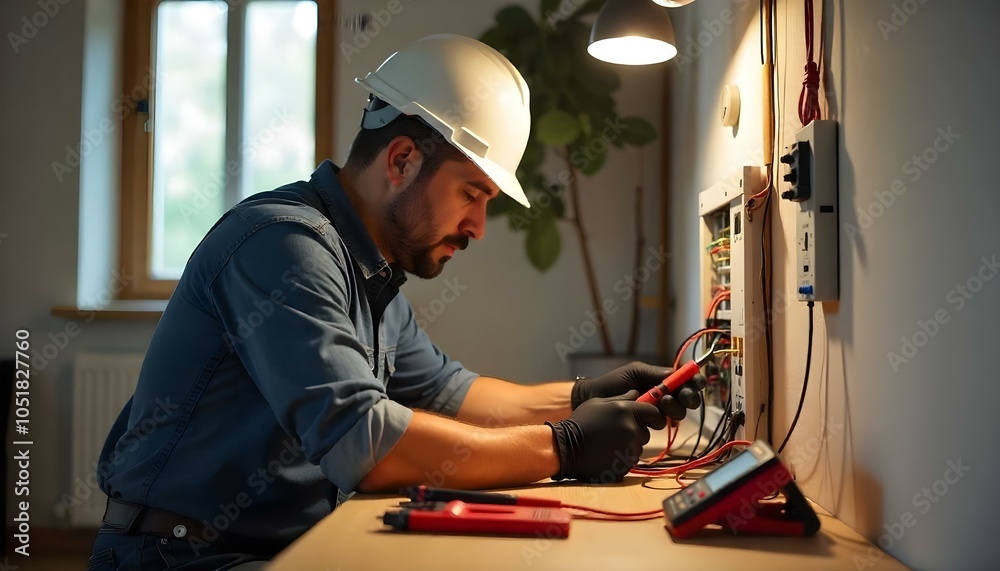 Electrician working on a circuit panel with exposed wires wearing a ...